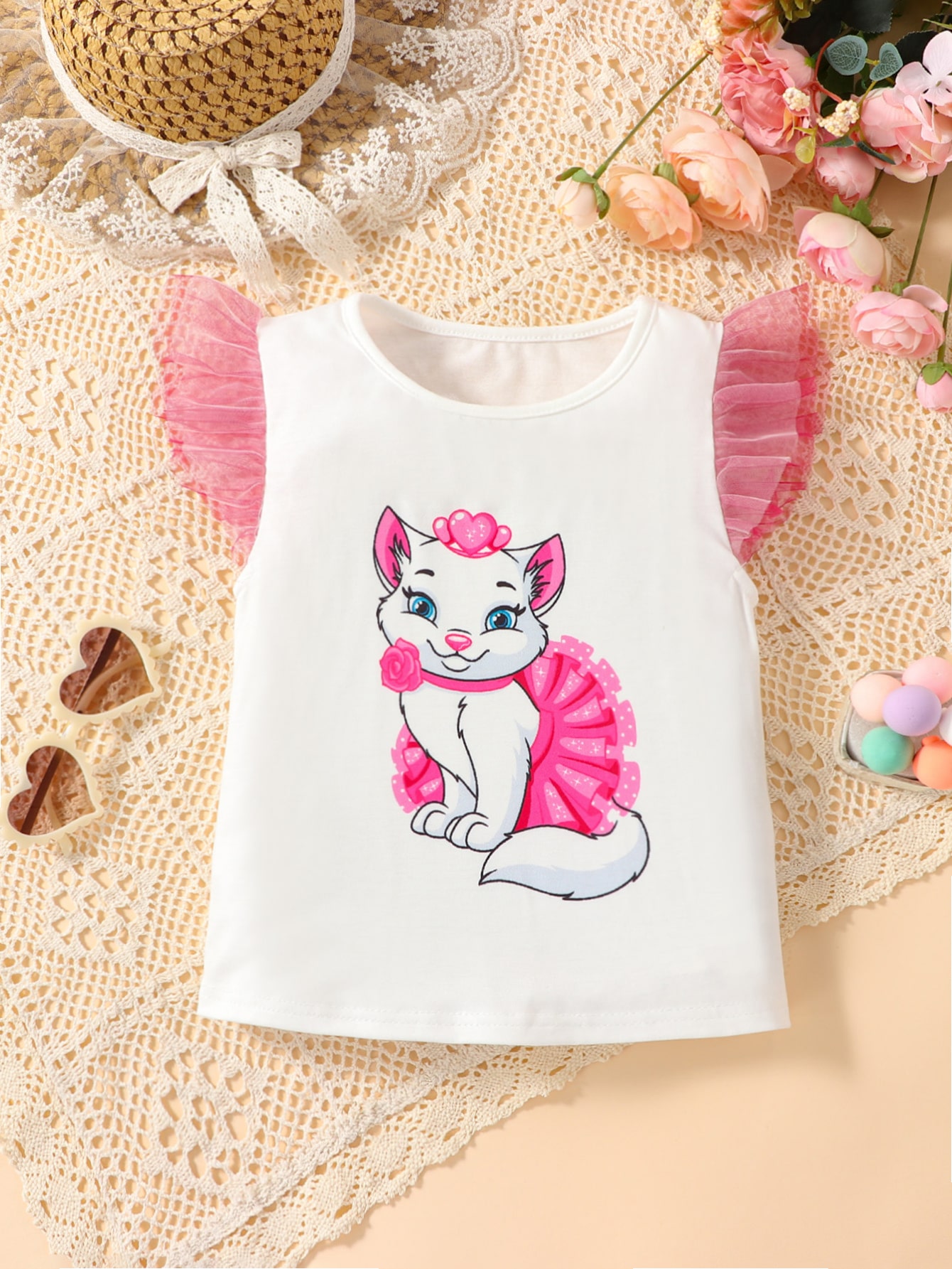 SHEIN Kids QTFun Young Girl Cute Cartoon Cat Pattern White T-shirt With ...