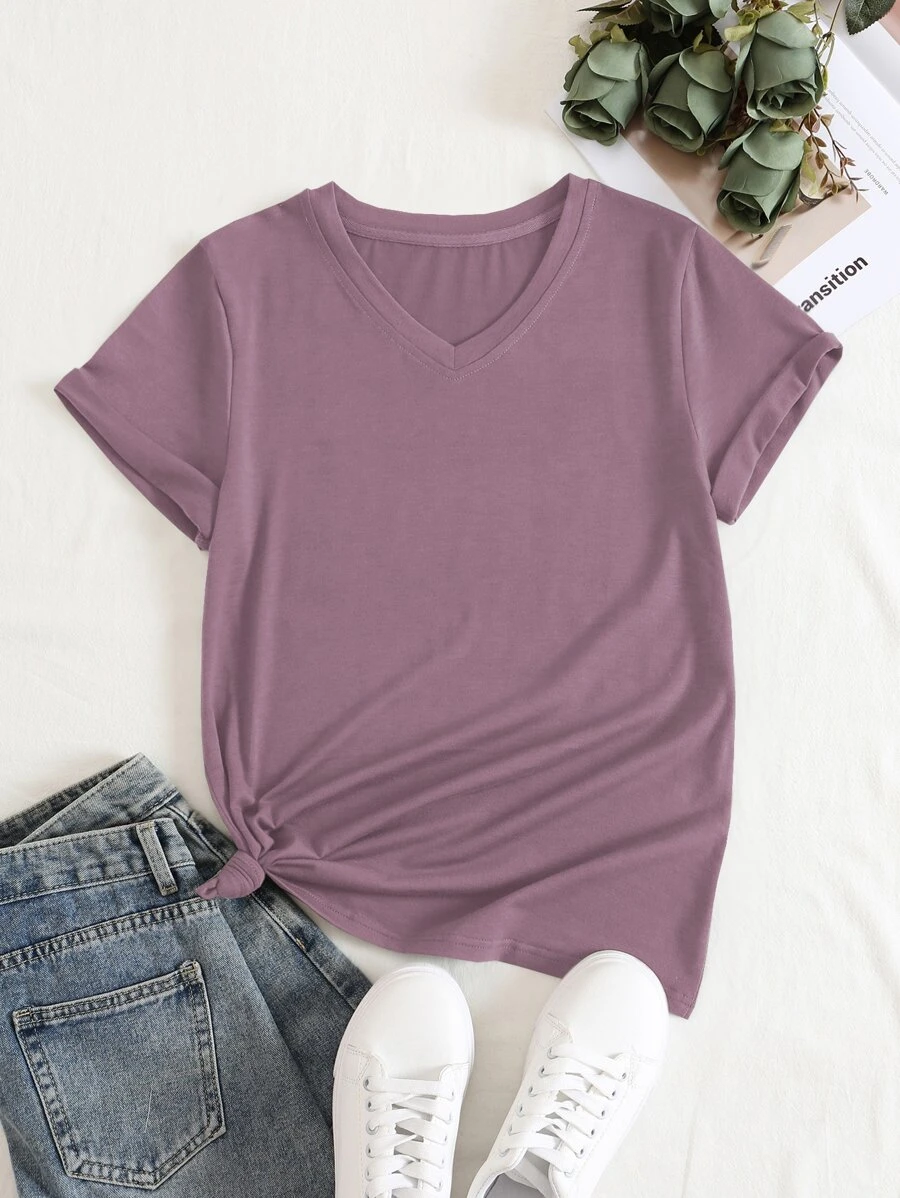 SHEIN LUNE Solid V Neck Tee | SHEIN USA