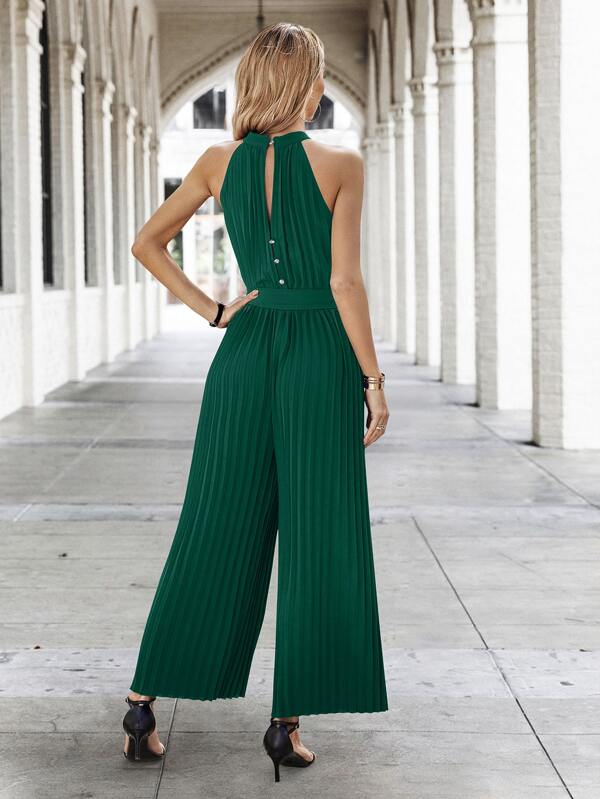 Btfbm Solid Belted Pleated Wide Leg Halter Jumpsuit Shein Usa