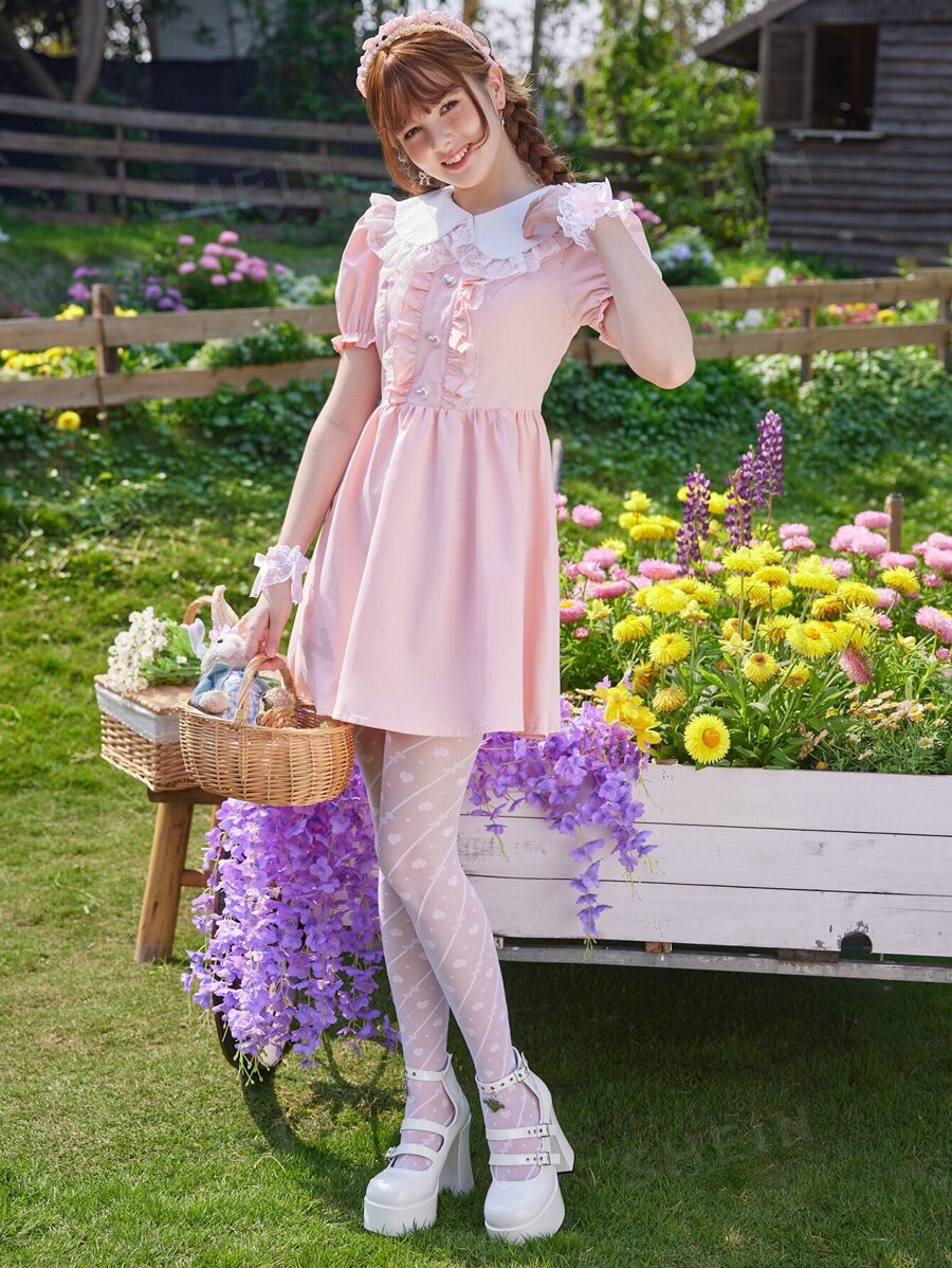 ROMWE Kawaii Contrast Collar Ruffle Trim Puff Sleeve Dress | SHEIN UK