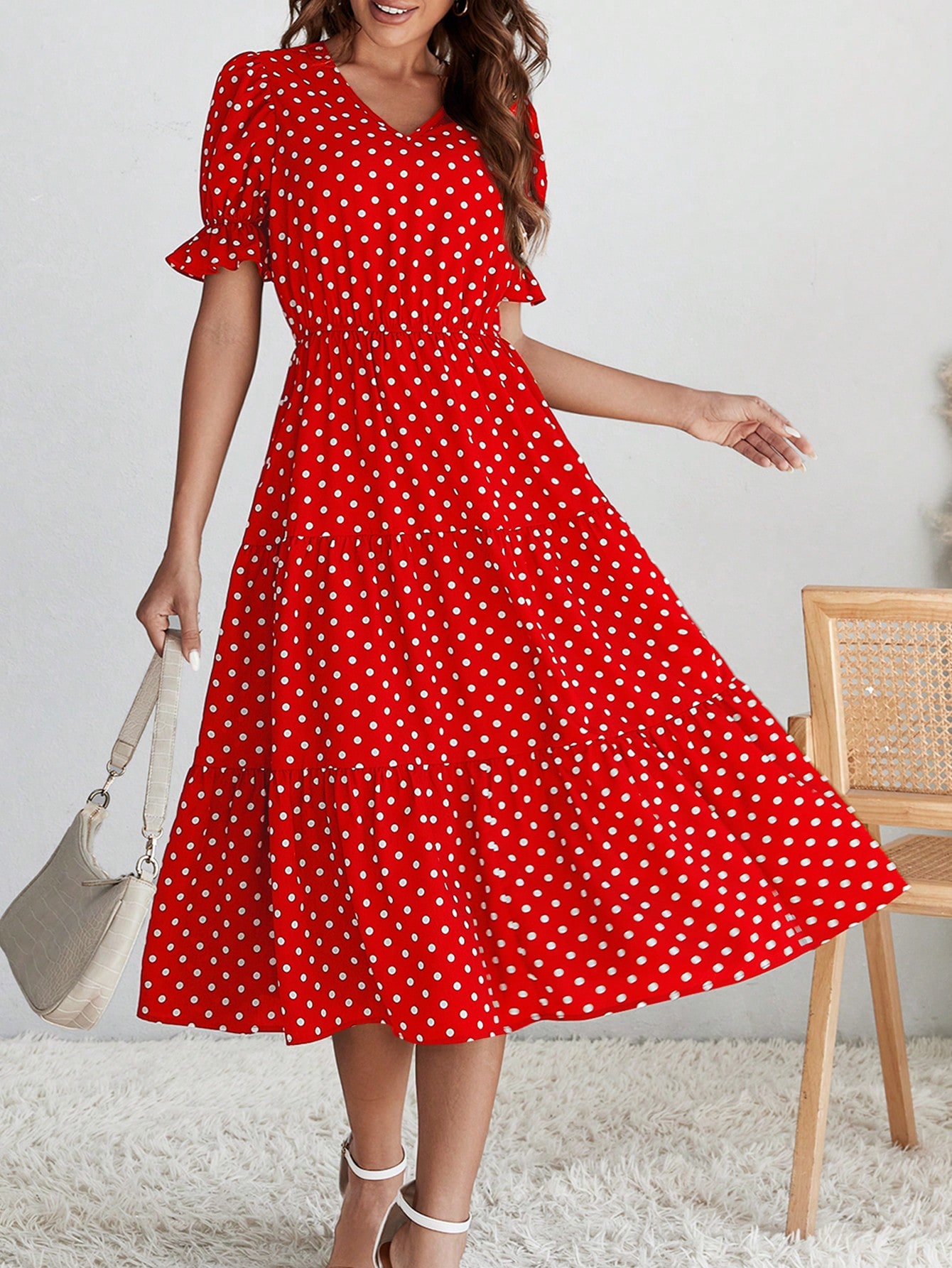 Shein Clasi Polka Dot Print Flounce Sleeve Layered Hem Dress Shein Usa