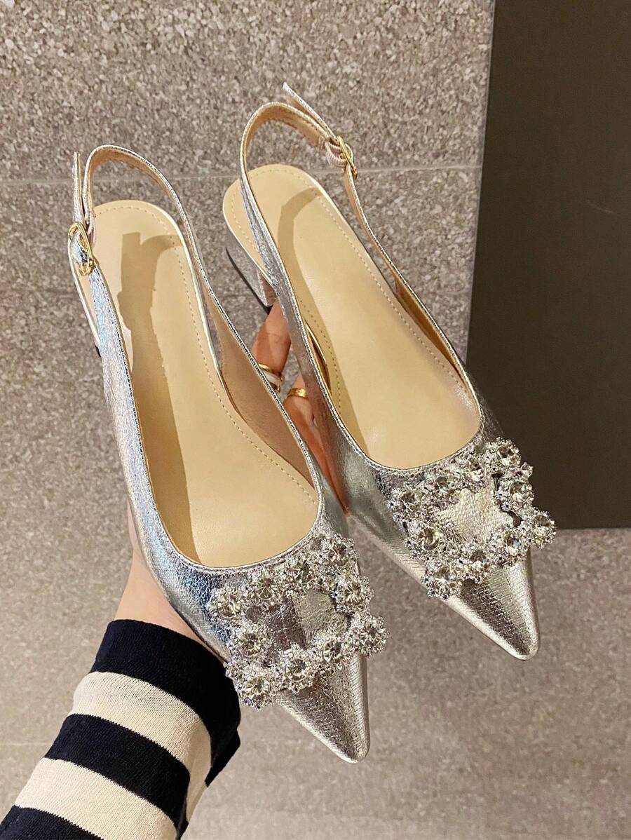 Women Metallic Rhinestone Decor Point Toe Flats, Glamorous Silver ...