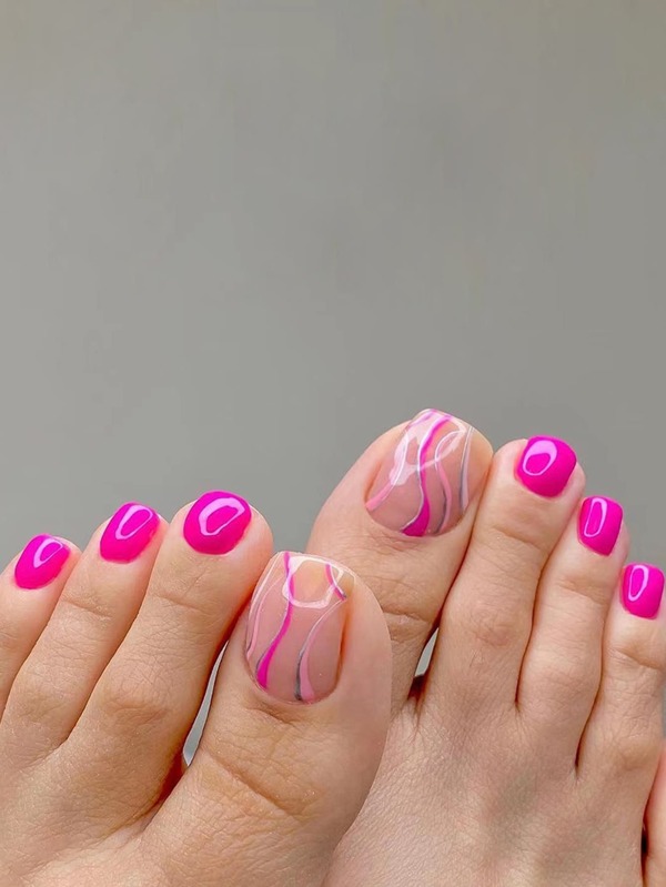 Get Glamorous With 24pcs Short Square Baby Pink Striped Fake Toenail ...