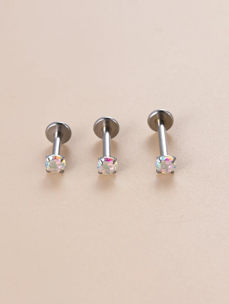3pcs/set Simple Stainless Steel Cubic Zirconia Decor Labret Lip Ring ...