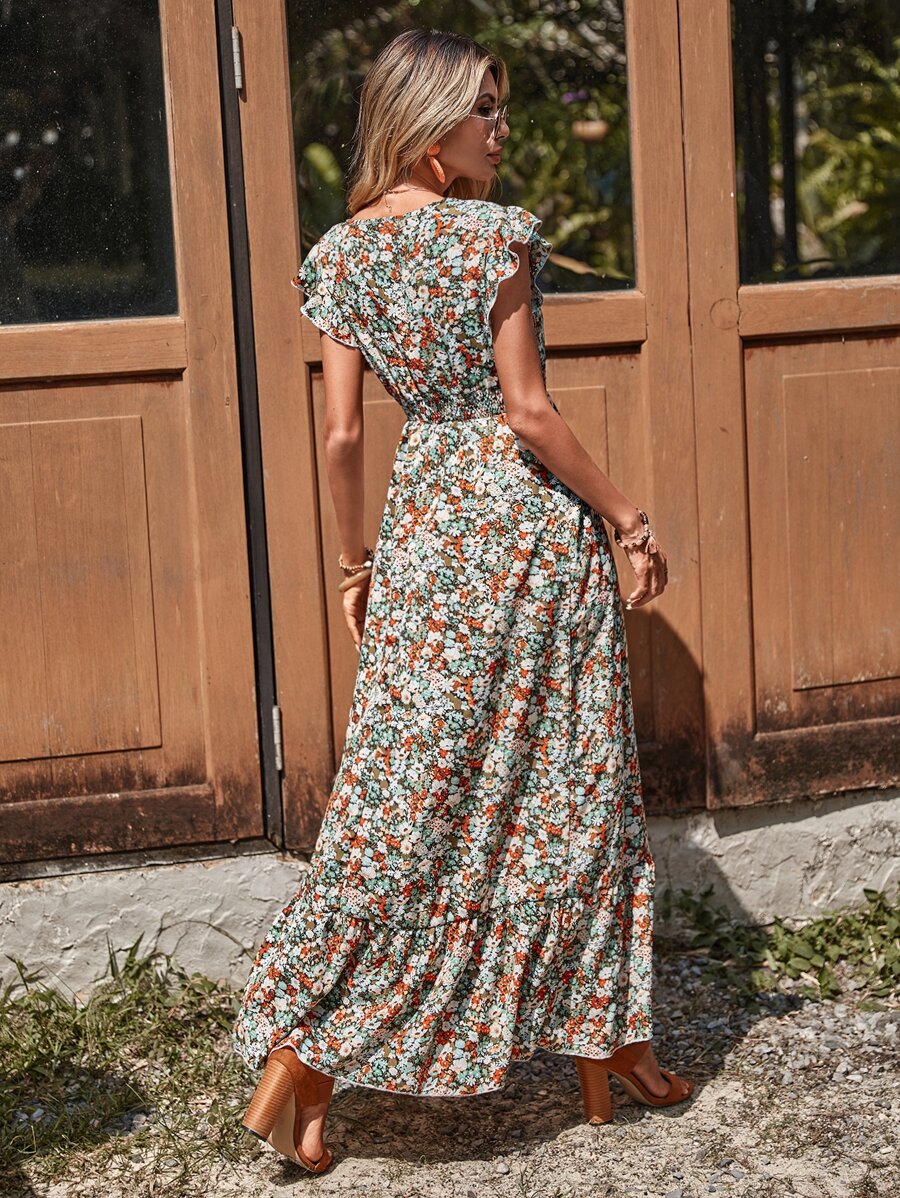 SHEIN Clasi Allover Floral Print Butterfly Sleeve Ruffle Hem Dress | SHEIN USA