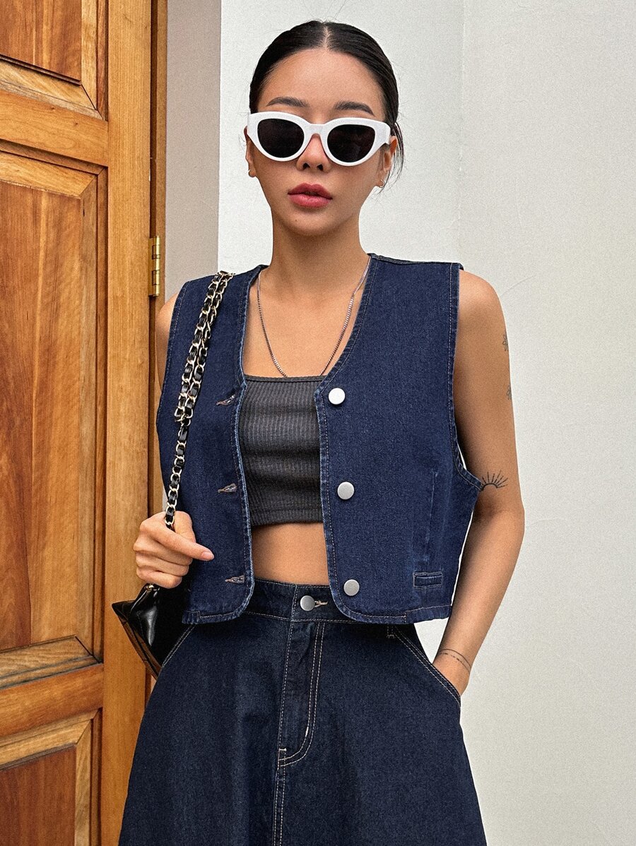 DAZY Button Front Crop Vest Denim Top | SHEIN USA