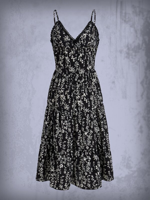 ROMWE Goth Ditsy Floral Print Contrast Lace Cami Dress | SHEIN UK