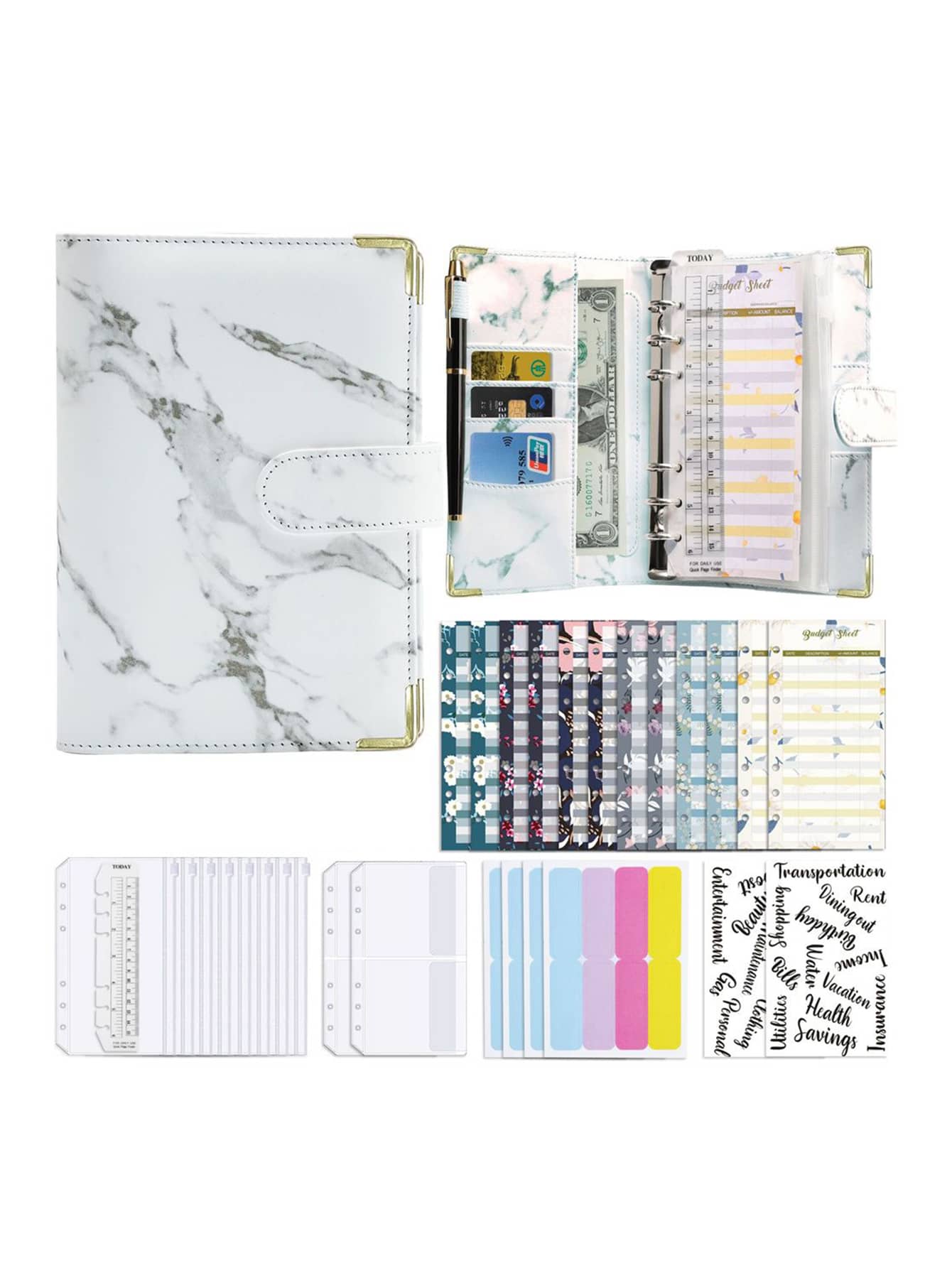 1set Marble Pattern Loose-leaf Cover With Pocket Sticker, Simple Multi ...