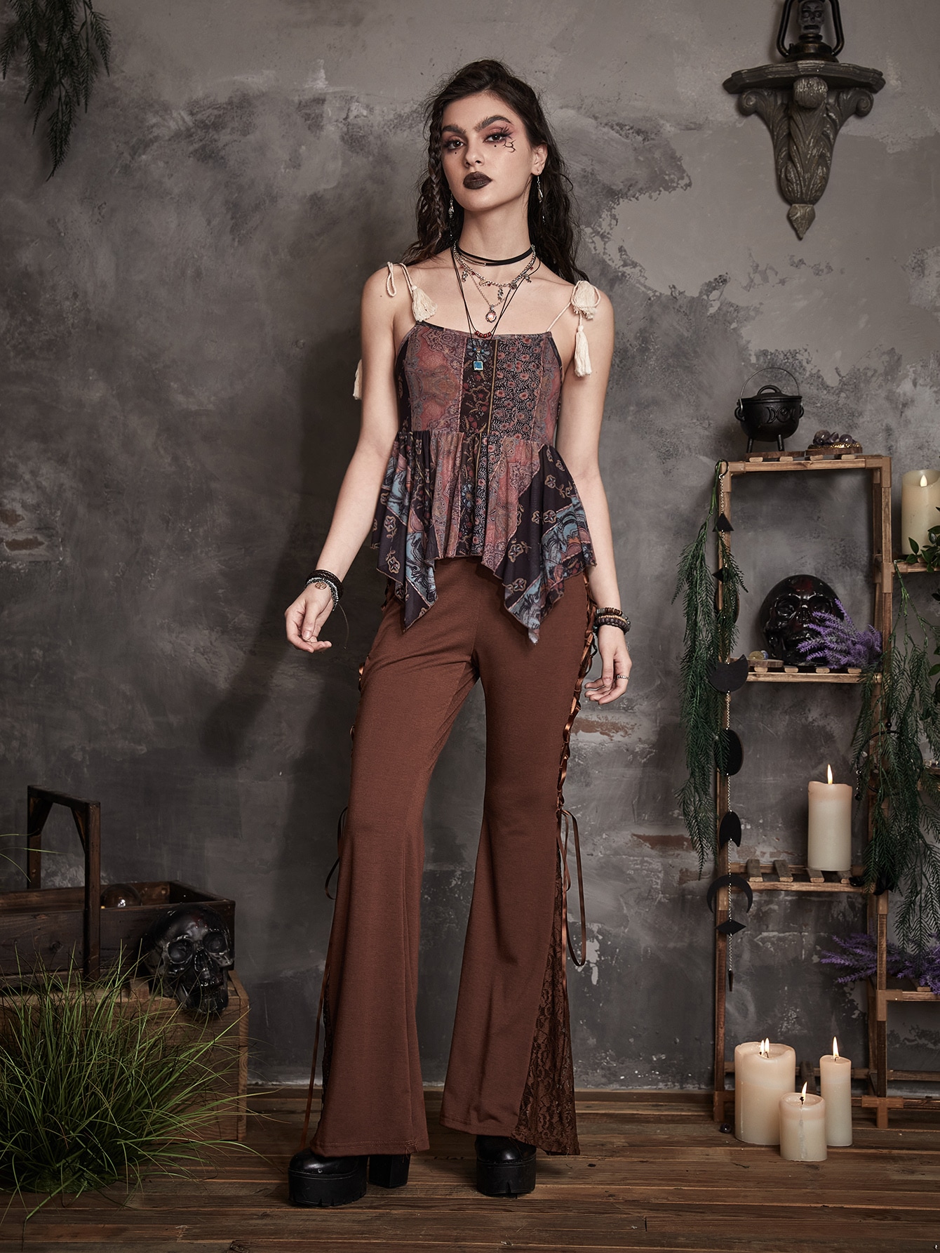 Romwe Goth Patchwork Print Tie Shoulder Hanky Hem Cami Top Shein Uk