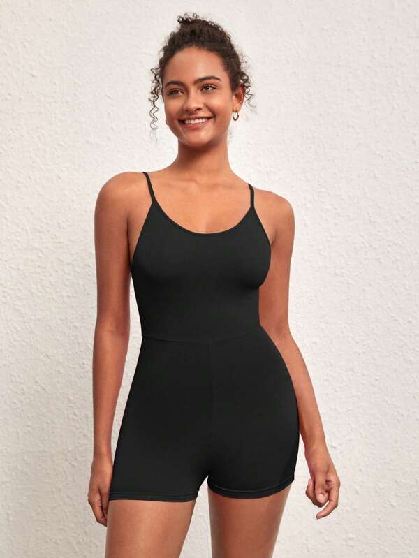 SHEIN BASICS Solid Cami Unitard Romper | SHEIN