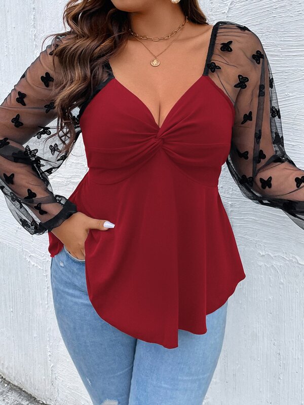 Plus Contrast Mesh Twist Front Peplum Top | SHEIN USA