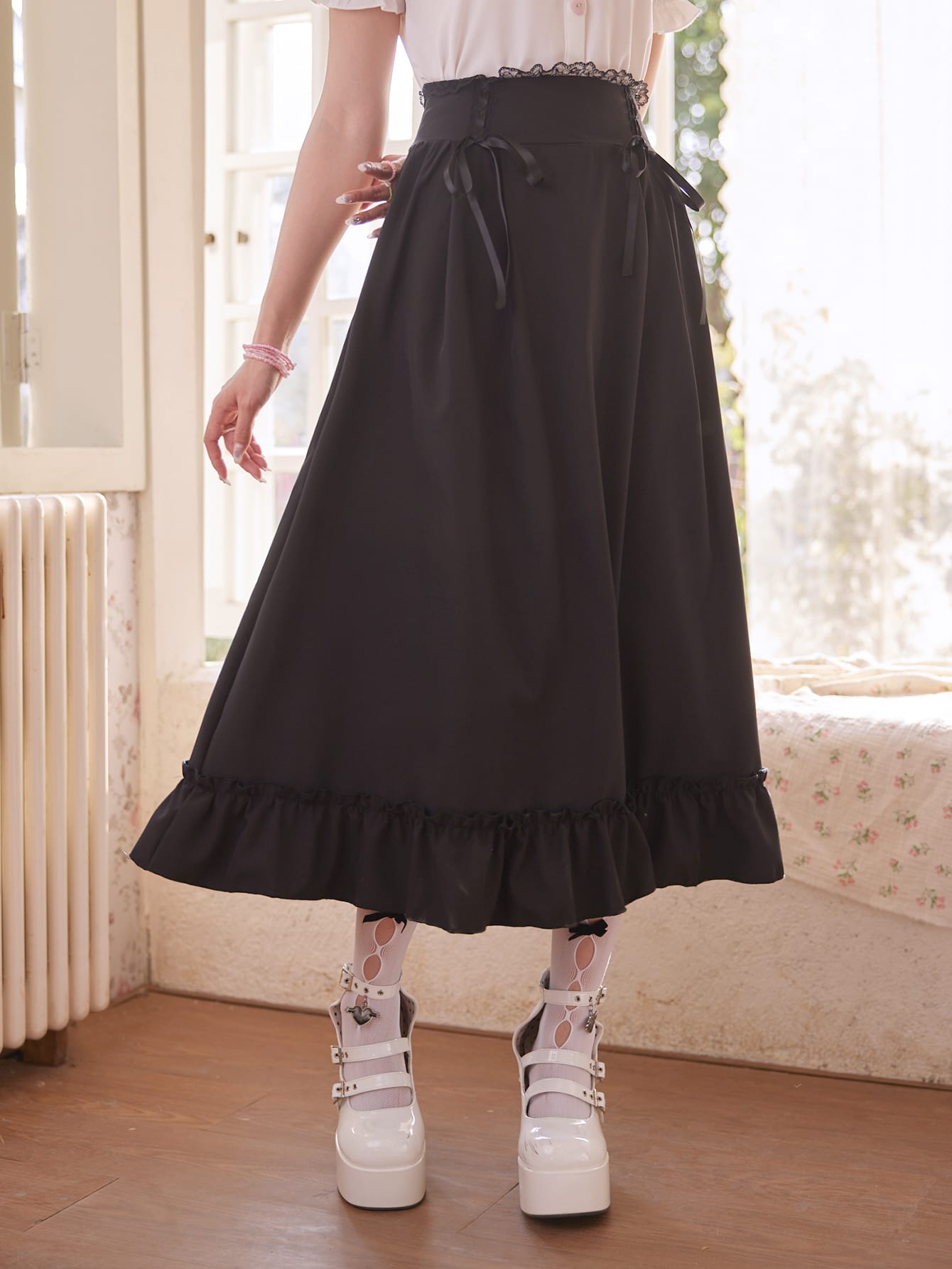 Kawaii Solid Ruffle Hem Knot Front Skirt | SHEIN USA