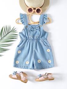 Baby Girl Floral Print Bow Front Ruffle Trim Denim Overall Romper ...