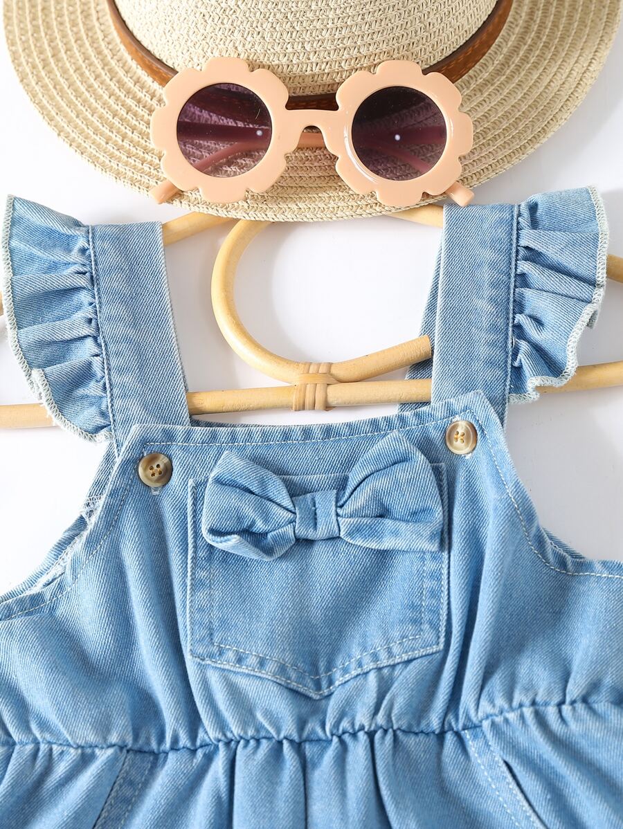 Baby Girl Floral Print Bow Front Ruffle Trim Denim Overall Romper ...
