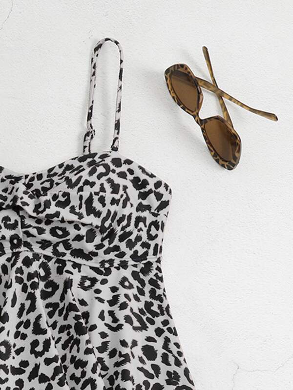 Shein Swim Classy Leopard Print Tankini Set Twist Front Flowy Cami Top