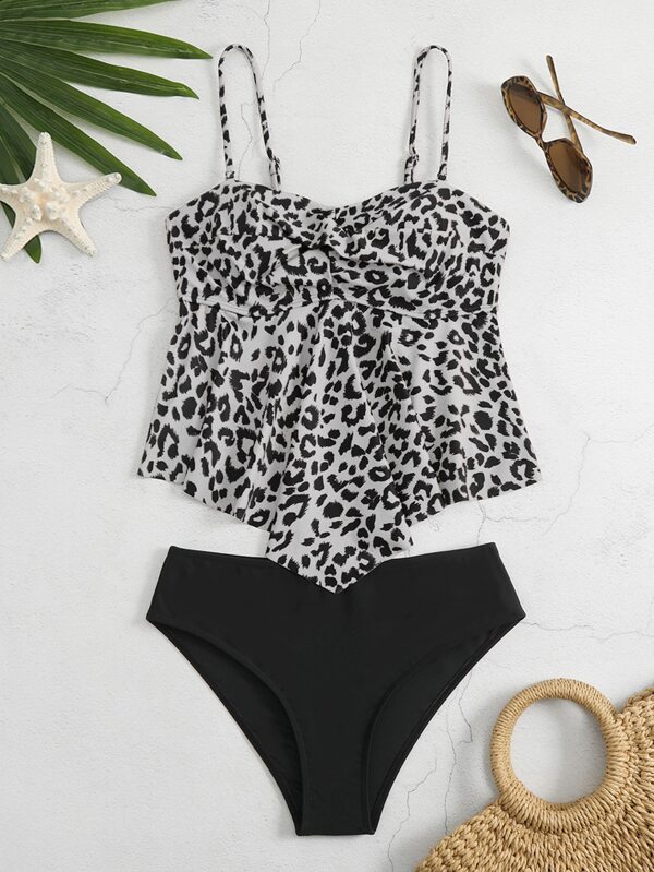 Shein Swim Classy Leopard Print Tankini Set Twist Front Flowy Cami Top