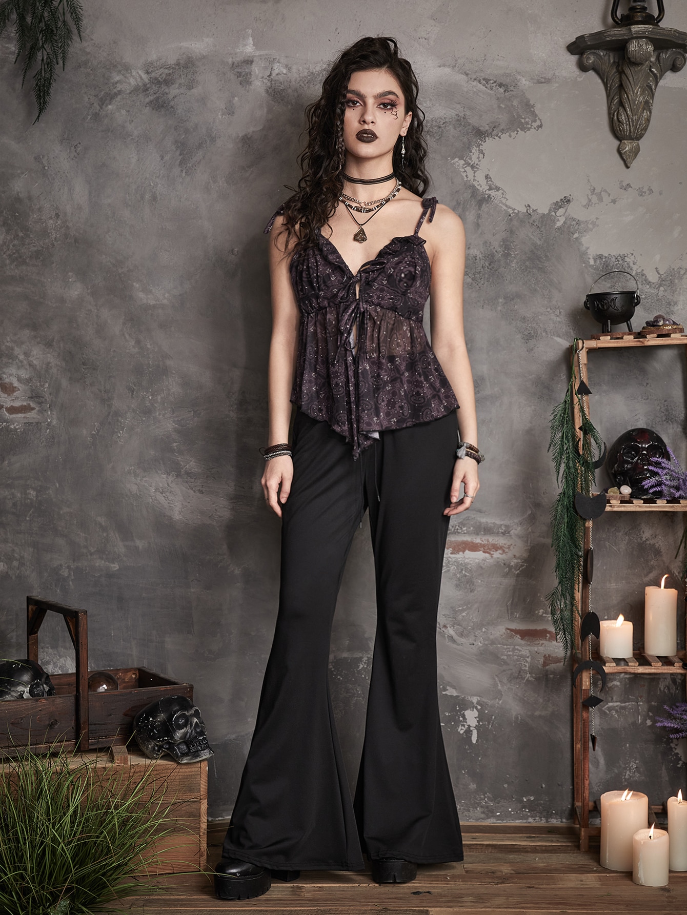 Goth Allover Print Tie Front Cami Top | SHEIN USA