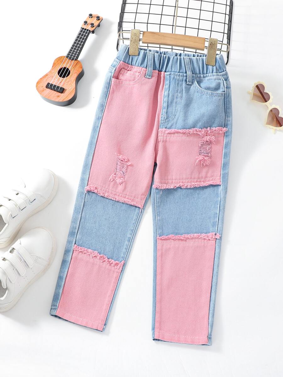Toddler Girls Two Tone Ripped Frayed Jeans | SHEIN USA