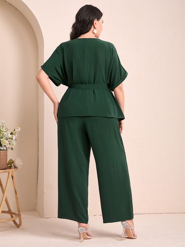 SHEIN Modely Plus Batwing Sleeve Belted Top & Wide Leg Pants | SHEIN USA