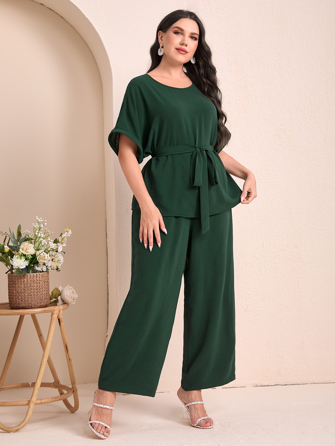 SHEIN Modely Plus Batwing Sleeve Belted Top & Wide Leg Pants | SHEIN USA