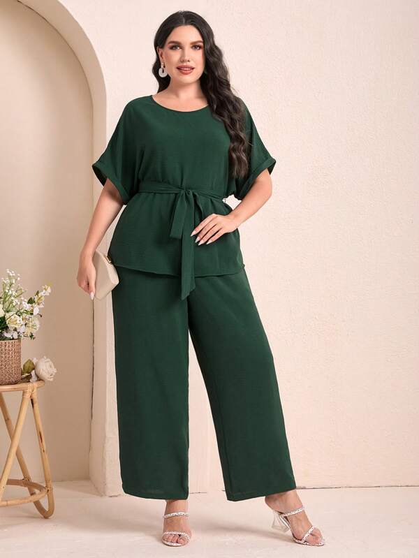 SHEIN Modely Plus Batwing Sleeve Belted Top & Wide Leg Pants | SHEIN USA