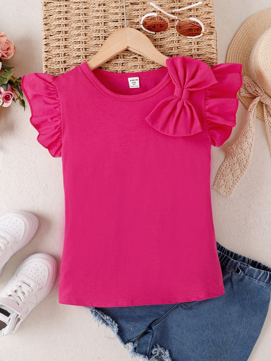 SHEIN Tween Girl Bow Front Ruffle Trim Tee | SHEIN USA