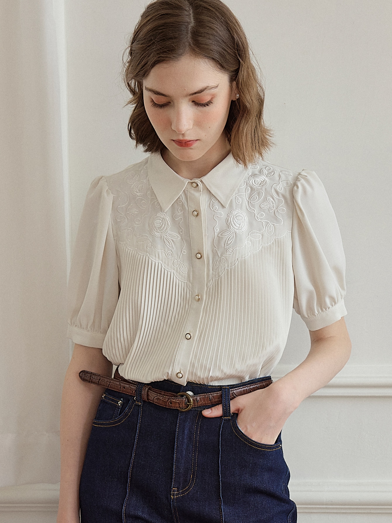 Simple Retro Solid Puff Sleeve Shirt | SHEIN UK
