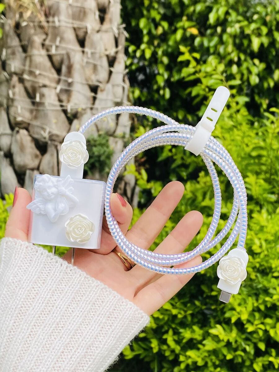 5pcs Flower & Angel Decor Data Cable Protector & Charger Head Cover Set ...