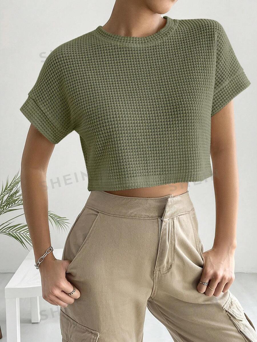 Shein Ezwear Solid Waffle Knit Crop Tee Shein Usa