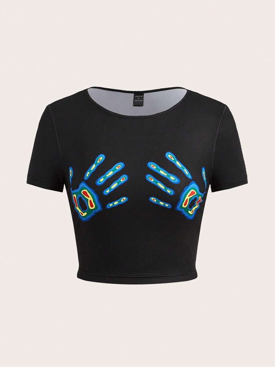 Alice Hand Print Crop Tee | SHEIN USA