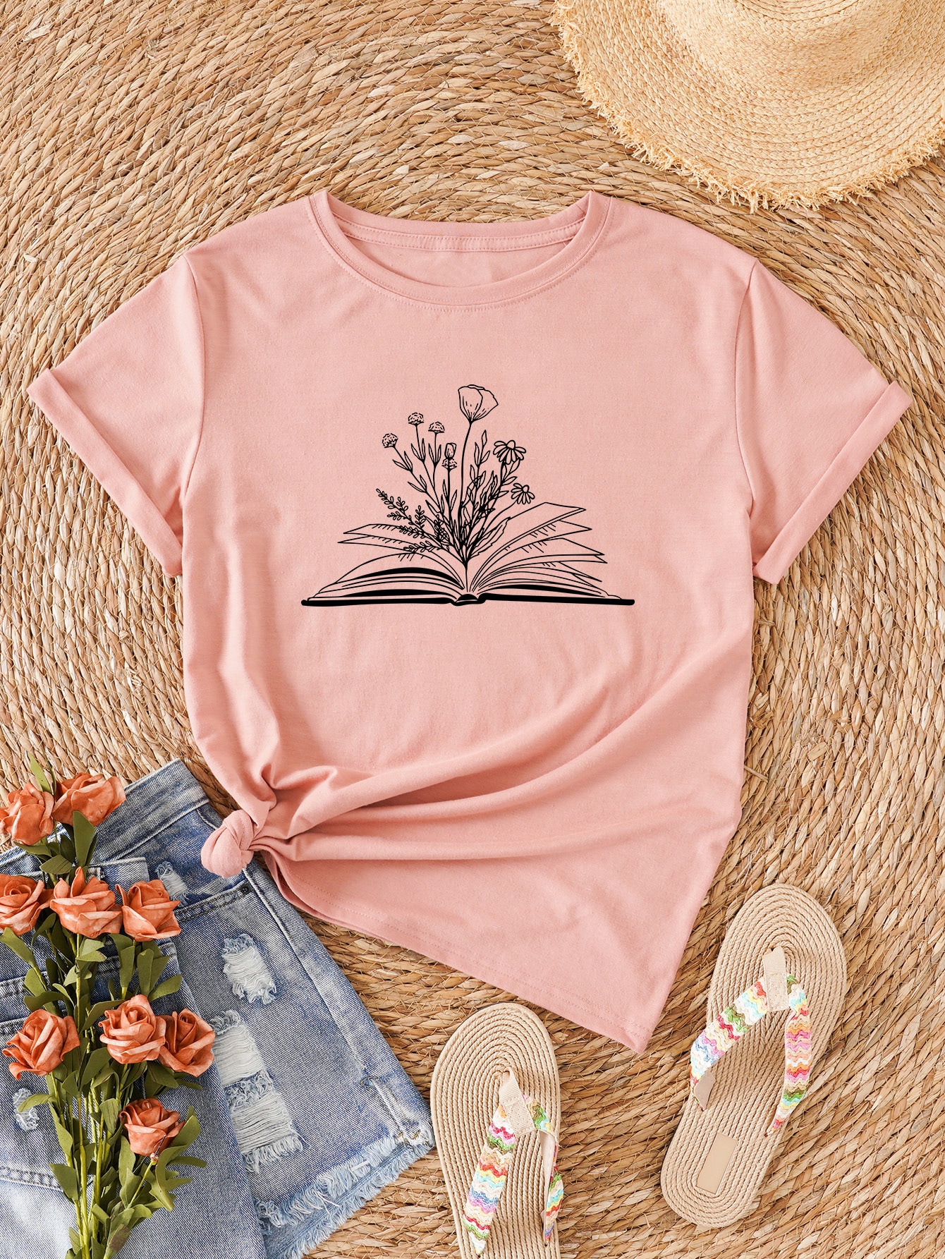 SHEIN LUNE Book And Floral Print Tee | SHEIN USA