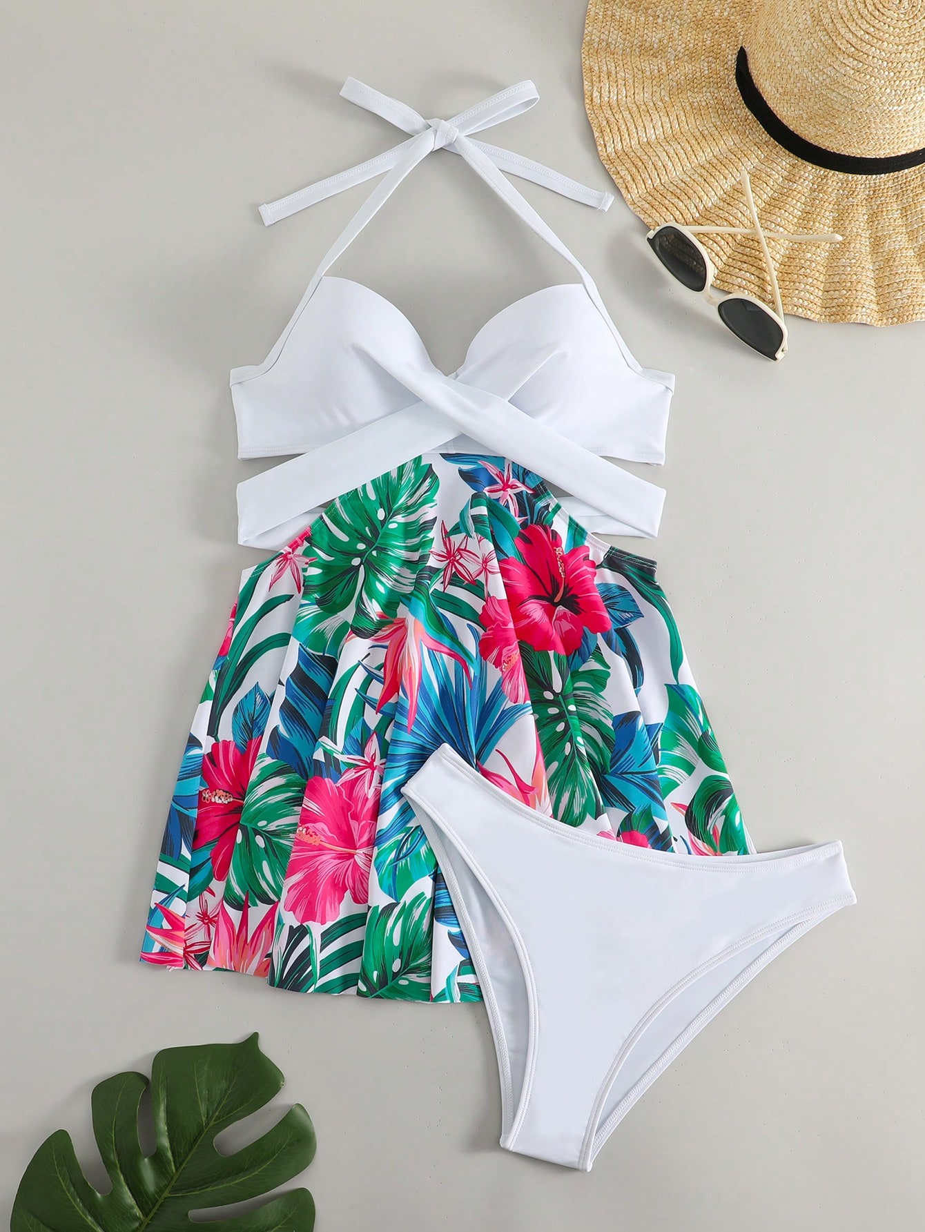 SHEIN Swim Classy Tropical Print Tankini Set Wrap Cross Push Up Swim ...