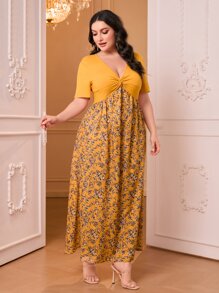 Mulvari Plus Floral Print Twist Front Dress Maxi Women Outfit | SHEIN USA