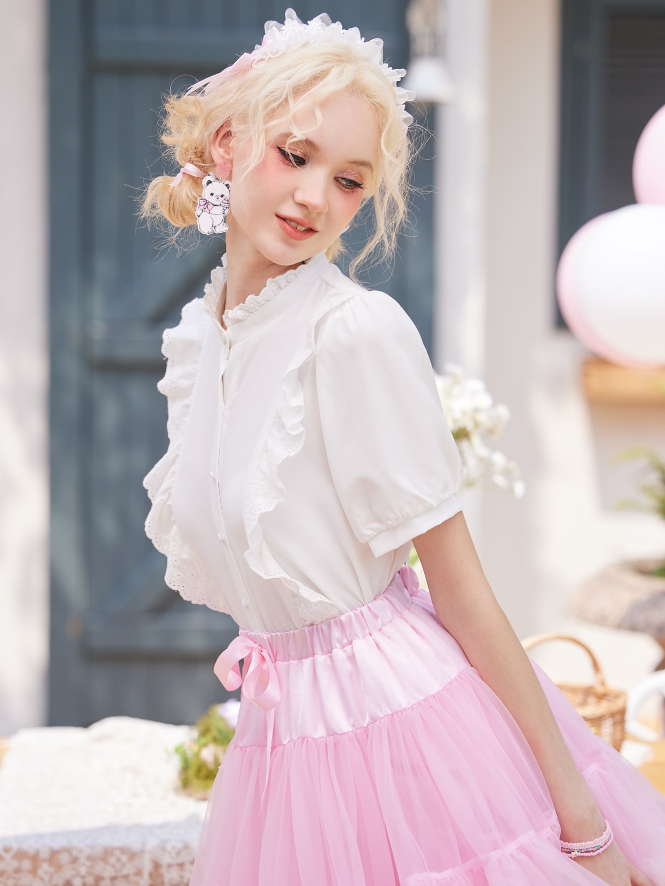 ROMWE Kawaii Ruffle Trim Puff Sleeve Shirt | SHEIN USA