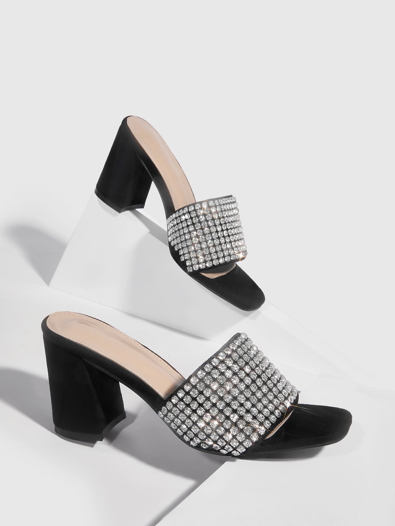 CUCCOO TILAWA Woman Shoes Glamorous Mule Black Rhinestone Decor Chunky ...