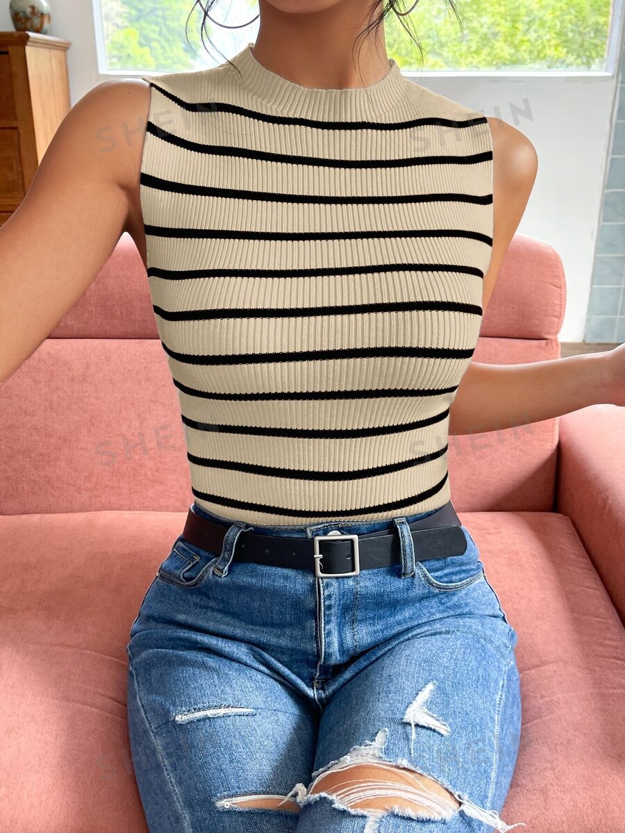 SHEIN Essnce Striped Pattern Ribbed Knit Top | SHEIN USA