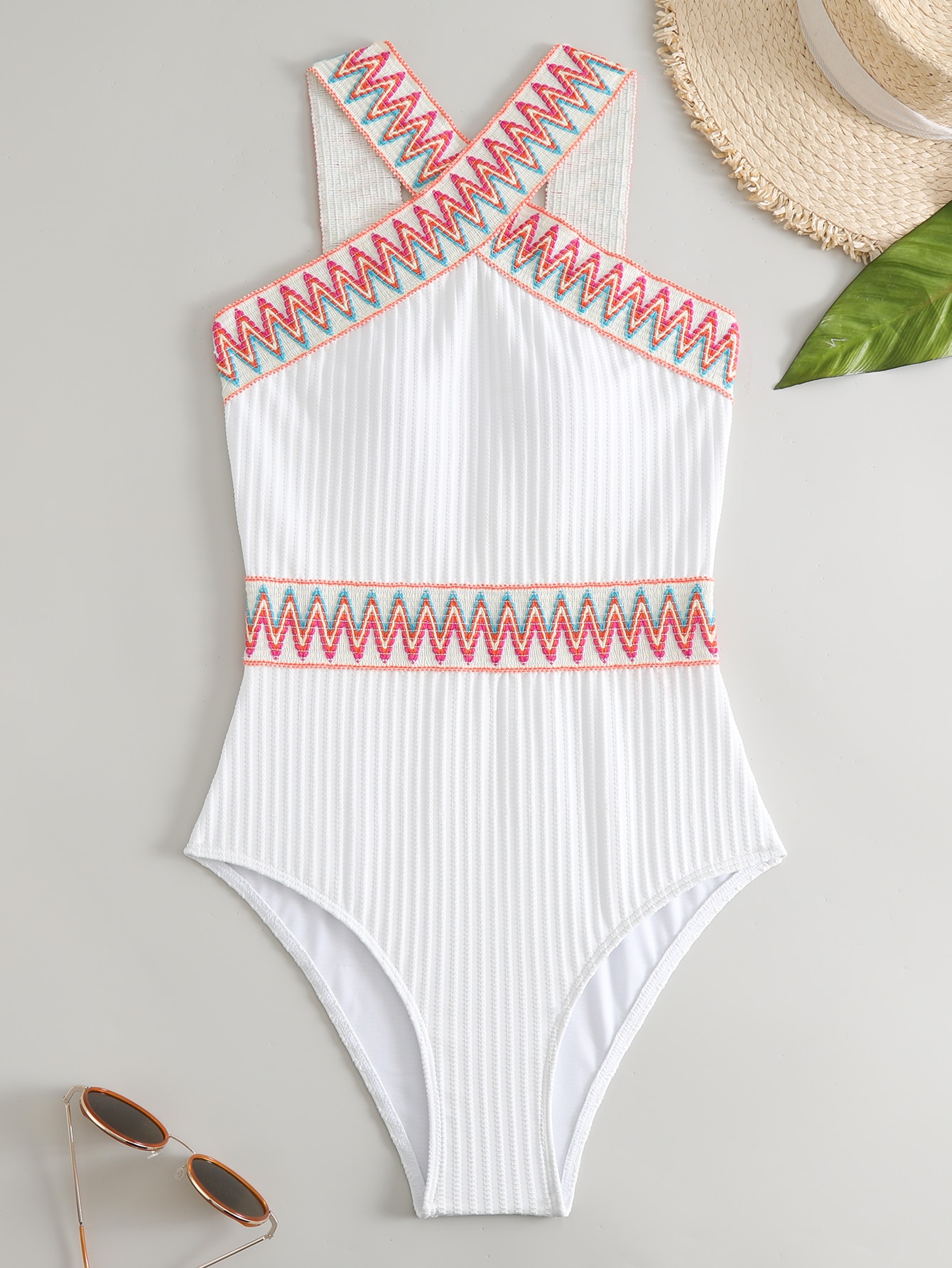 SHEIN Swim BohoFeel Chevron Tape Criss Cross One Piece Swimsuit | SHEIN USA