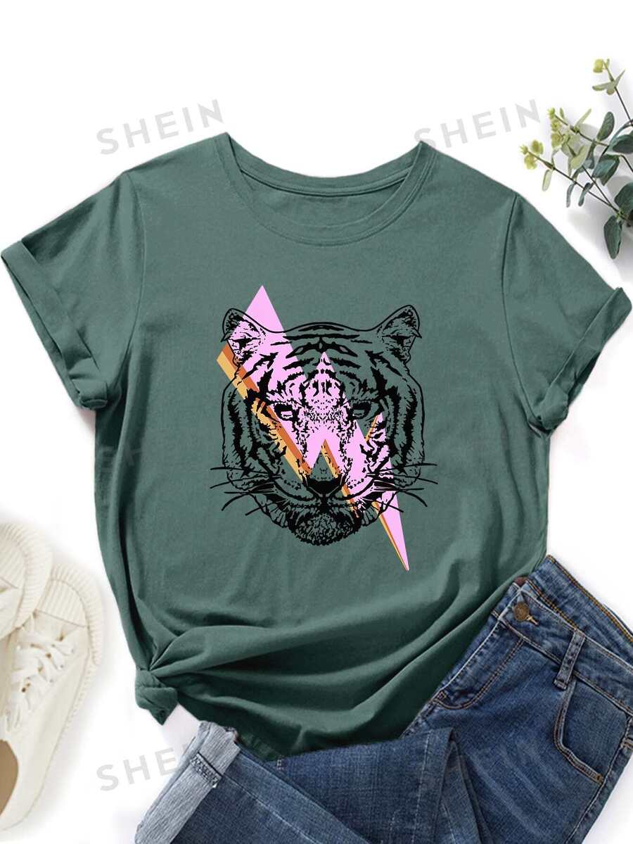 SHEIN LUNE Tiger & Lightning Print Tee | SHEIN UK