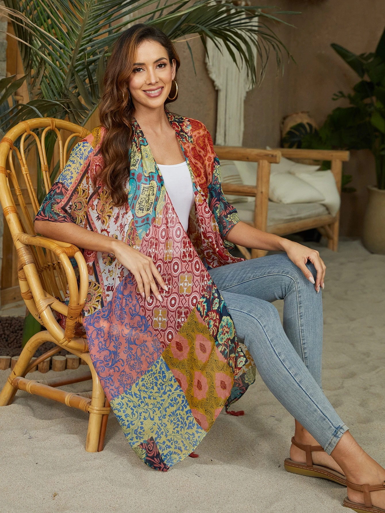 Patchwork Print Tassel Trim Kimono | SHEIN UK
