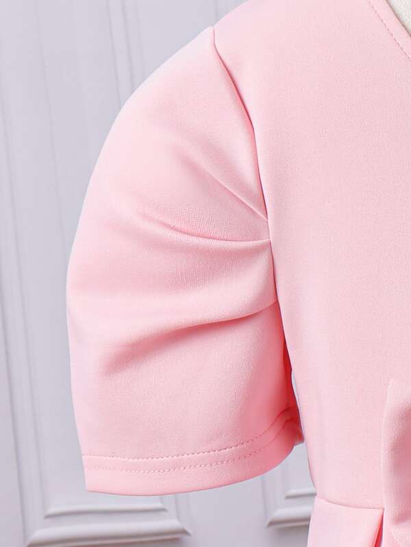 Girls Solid Puff Sleeve Fold Pleated Detail Dress Shein Usa