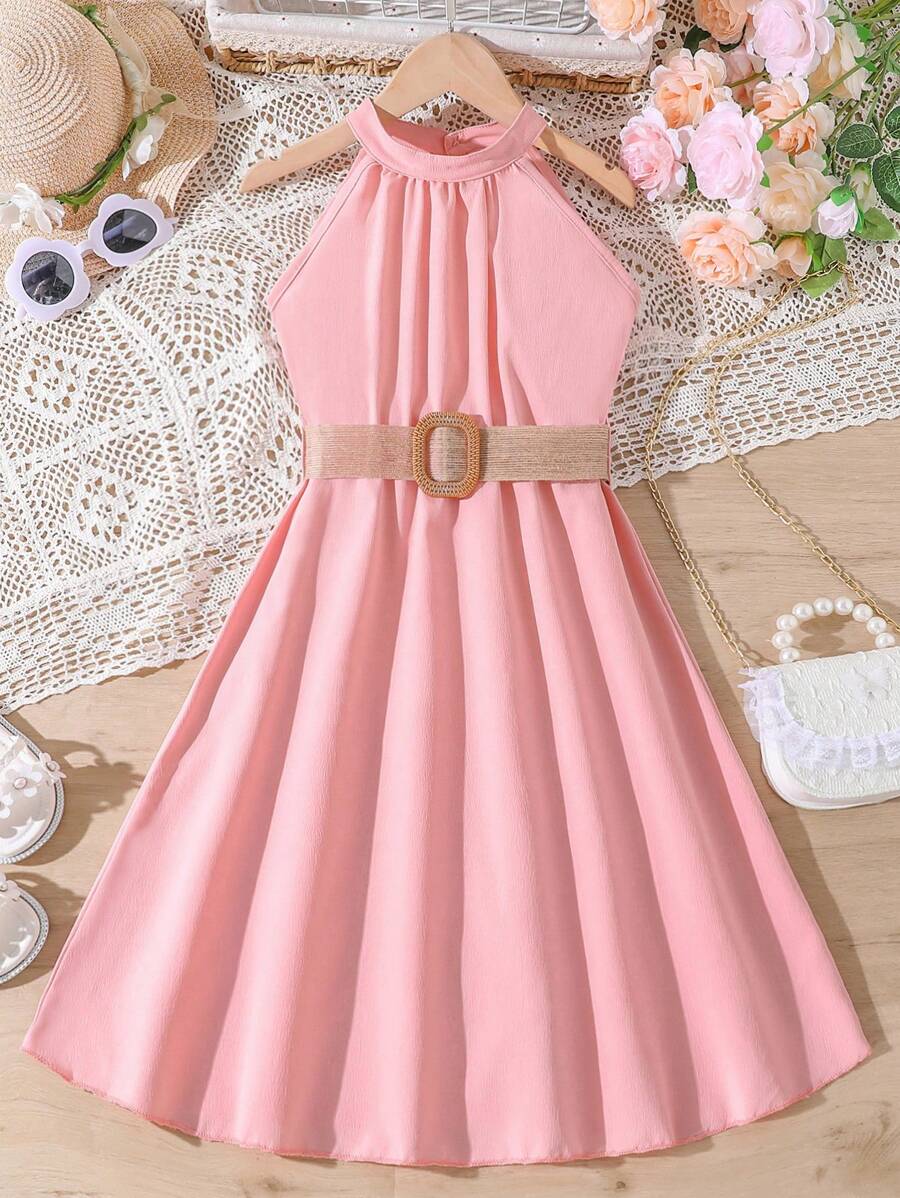 SHEIN Kids FANZEY Tween Girl Solid Belted Halter Dress | SHEIN USA