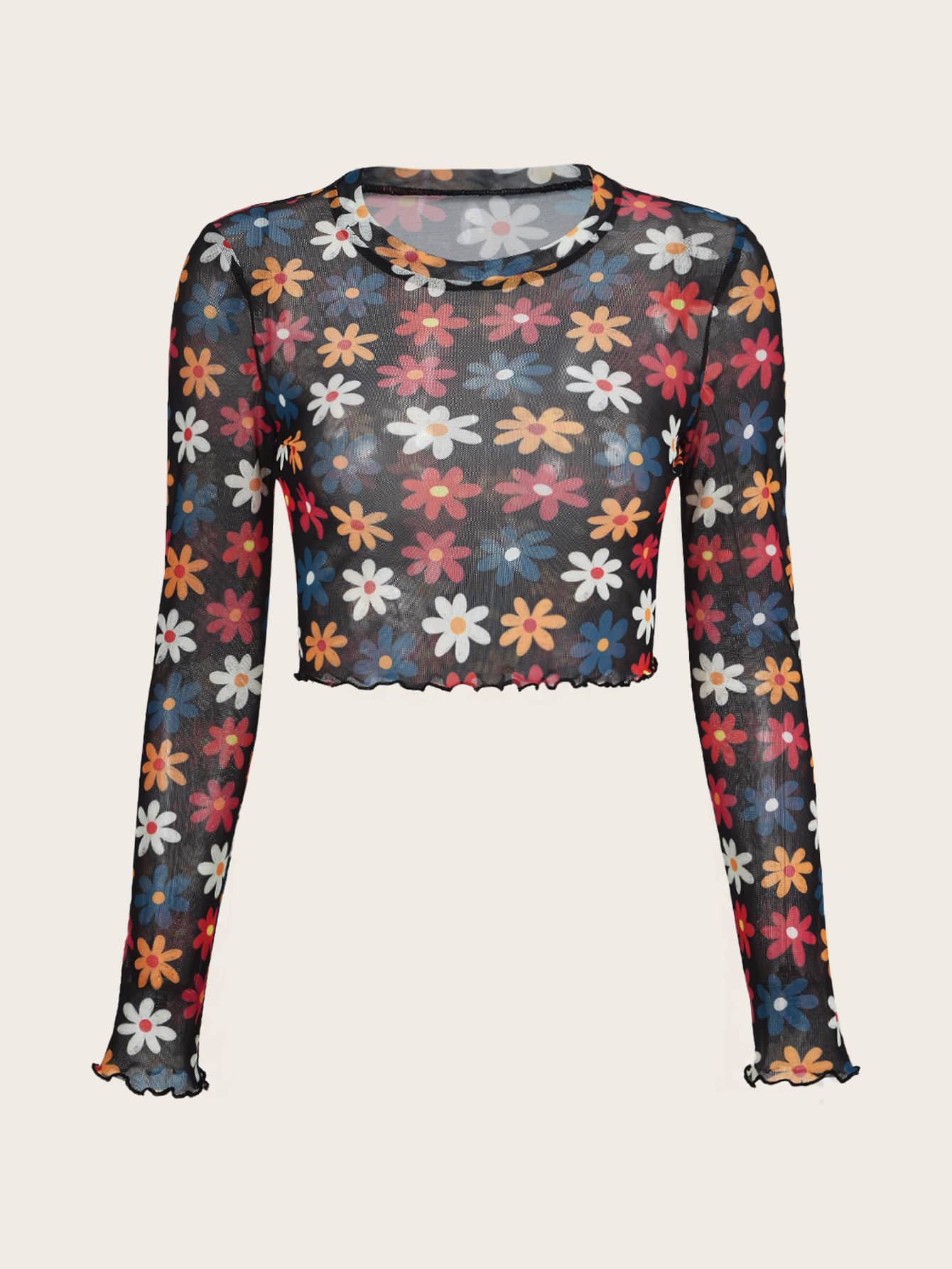 Our Emi Bee Floral Print Lettuce Trim Mesh Top is such a vibe - ROMWE