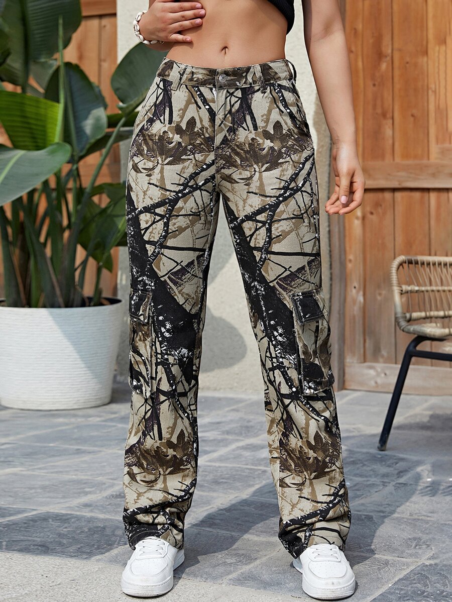 SHEIN EZwear Tree Print Straight Leg Jeans | SHEIN USA