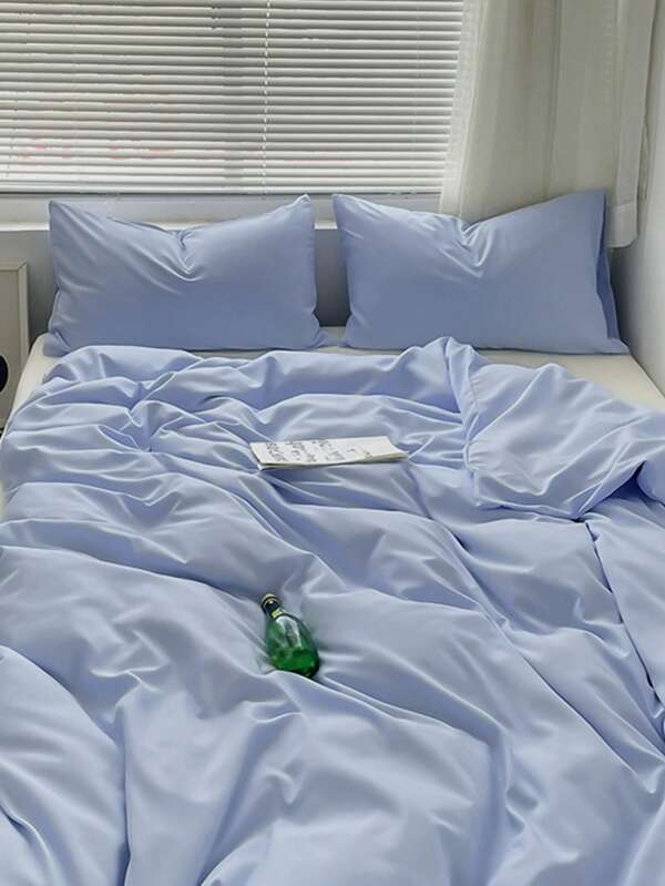 3pcs/set Solid Color Blue Duvet Cover Set(1 Duvet Cover & 2 Pillowcase ...