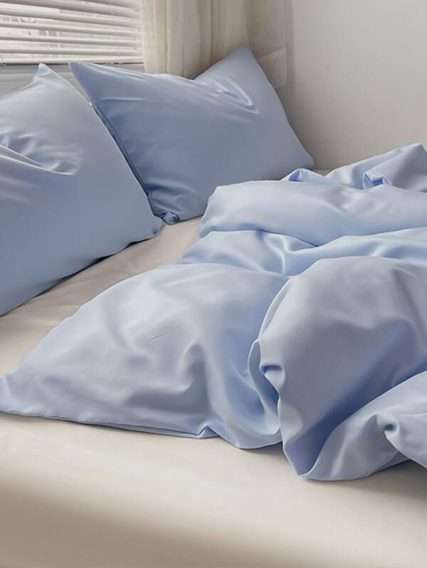 3pcs/set Solid Color Blue Duvet Cover Set(1 Duvet Cover & 2 Pillowcase ...