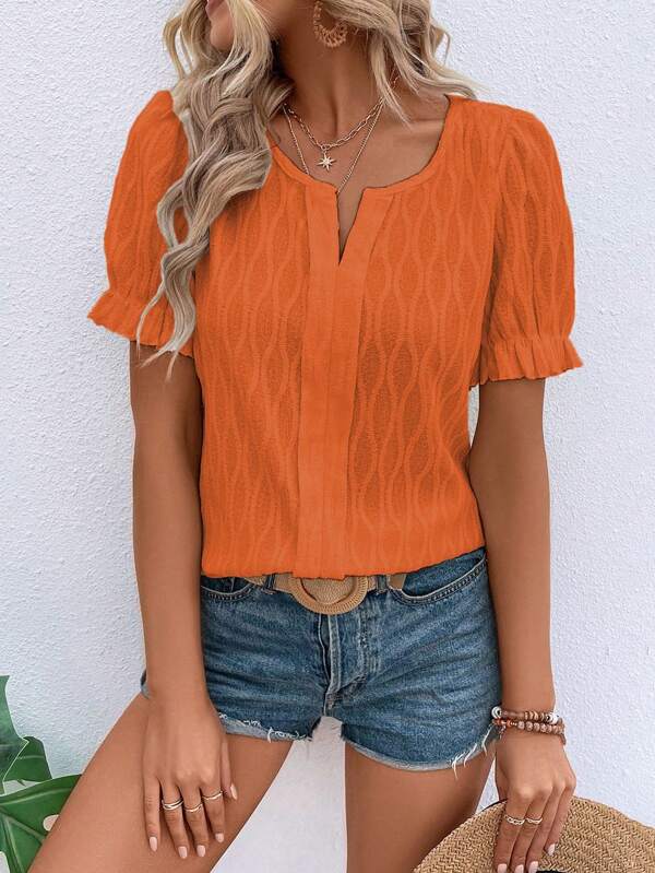 Shein Lune Solid Notched Neck Puff Sleeve Blouse Shein Usa