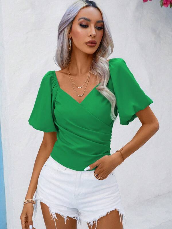 Shein Privé Sweetheart Neck Puff Sleeve Ruched Side Blouse Shein Usa