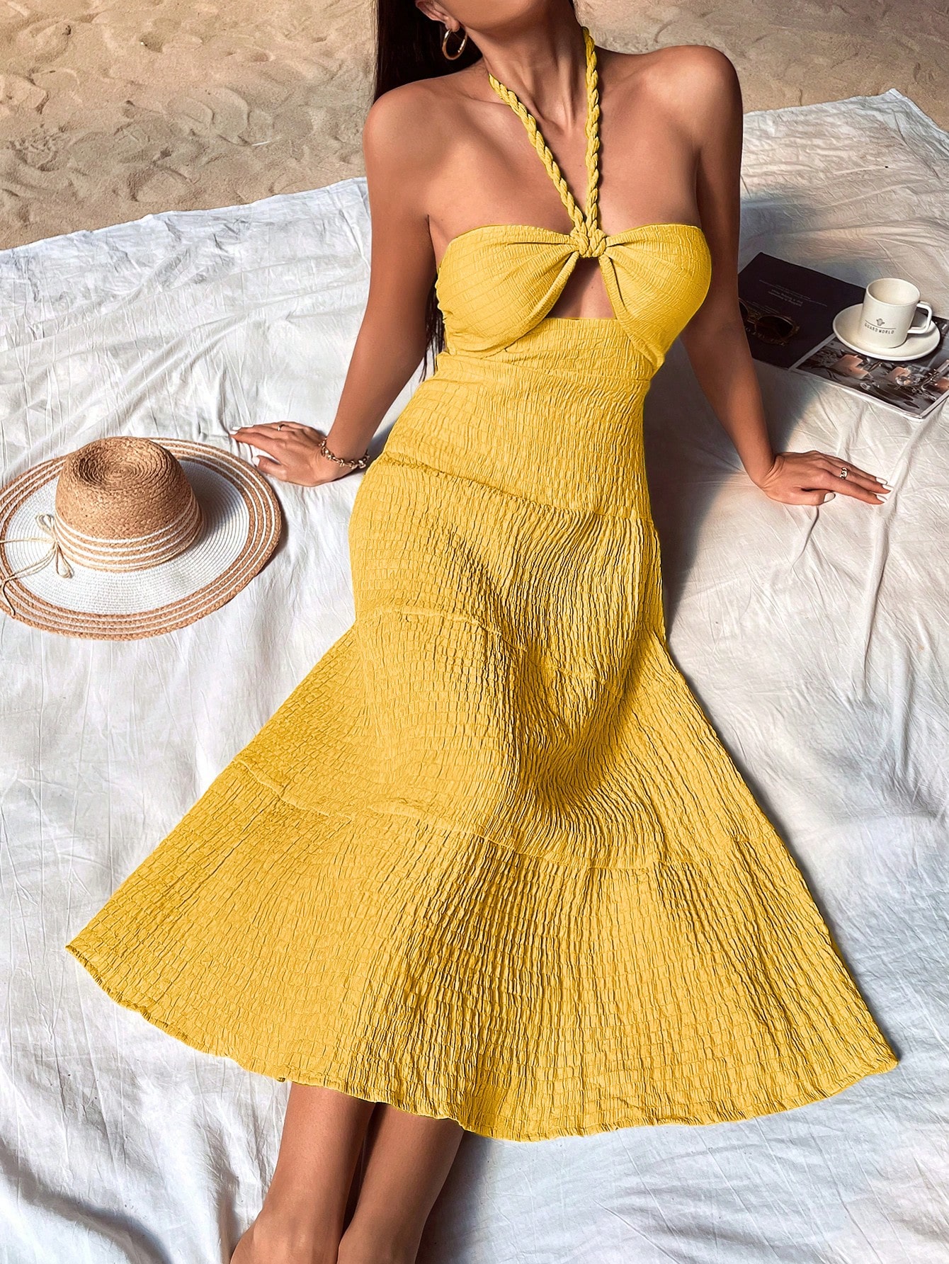 SHEIN VCAY Cut Out Tie Backless Ruffle Hem Halter Dress | SHEIN USA