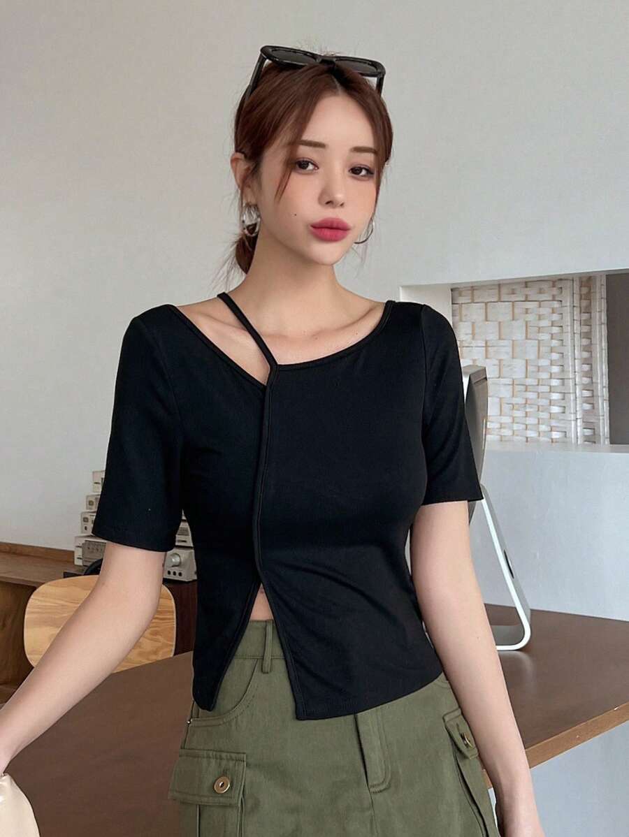 DAZY Solid Asymmetrical Neck Split Hem Tee | SHEIN USA