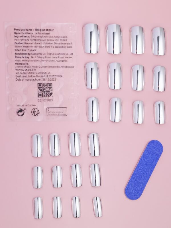 Elevate Your Style with 24pcs Long Square Silver Metal Mirror Effect ...